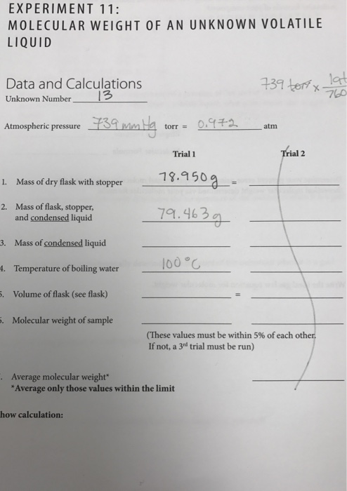 Solved EXPERIMENT 11: MOLECULAR WEIGHT OF AN UNKNOWN | Chegg.com