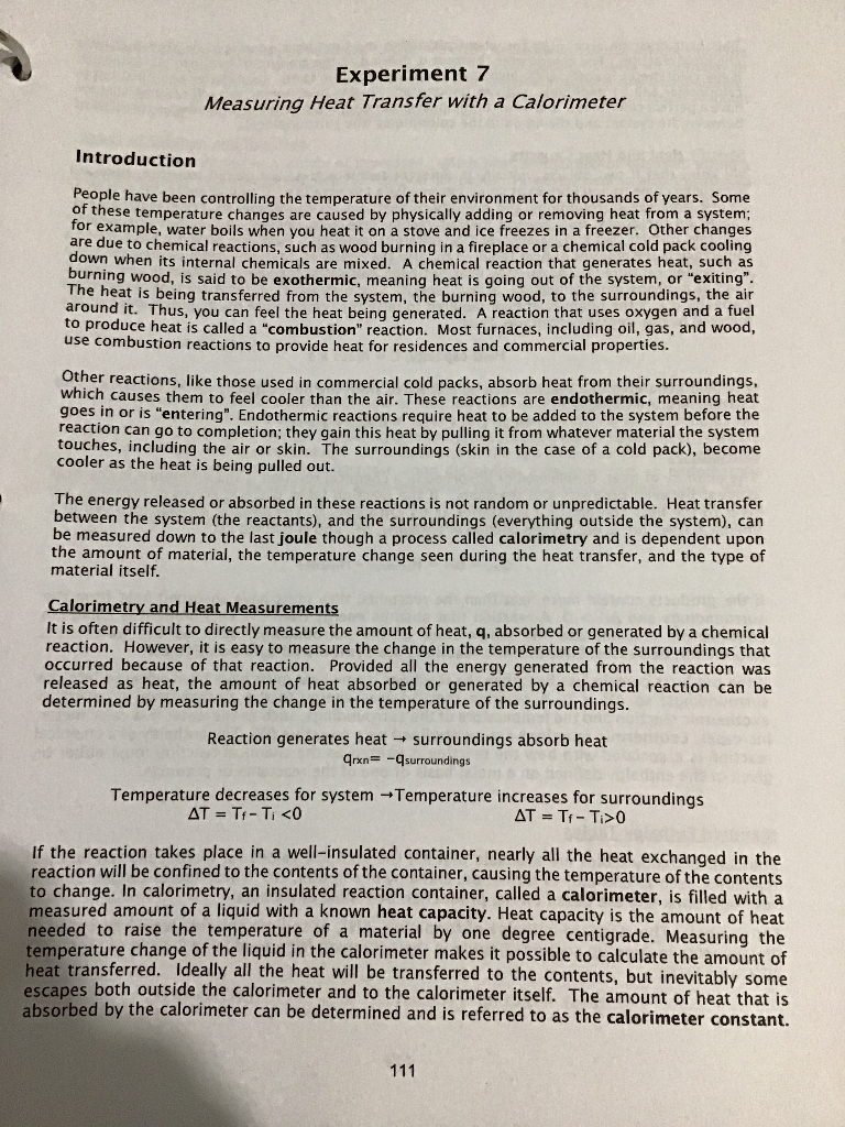 Solved Experiment 7 Measuring Heat Transfer with a | Chegg.com