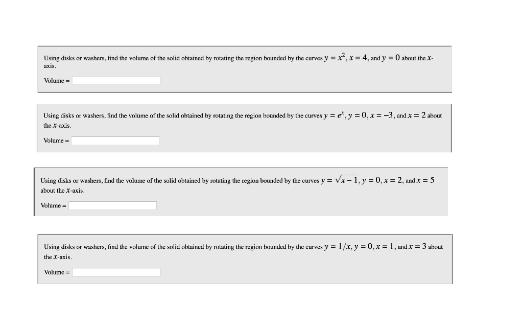 Solved Using disks or washers, find the volume of the solid | Chegg.com