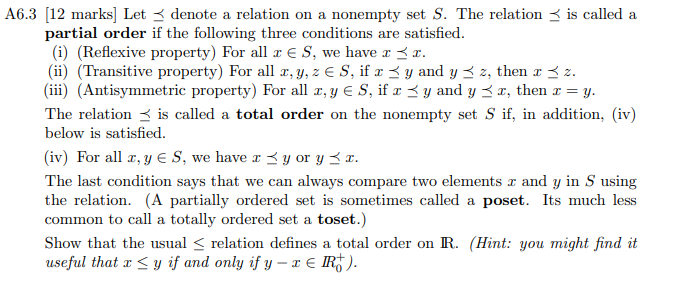 Solved 6.3[12 marks ] Let ⪯ denote a relation on a nonempty | Chegg.com