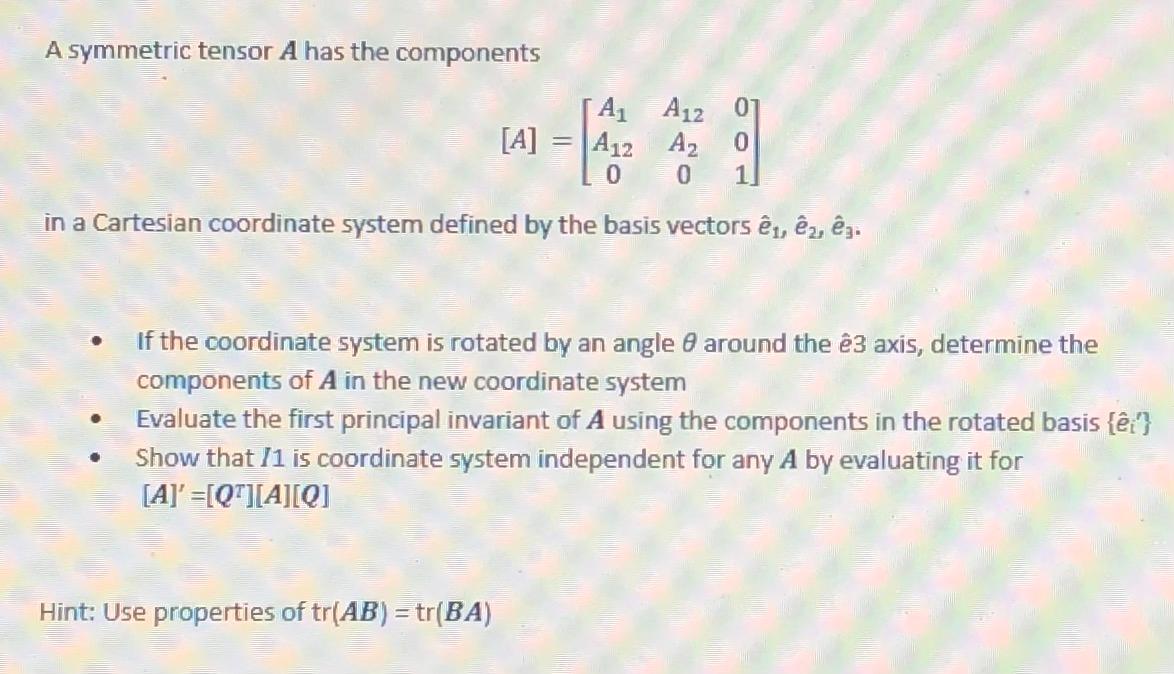 Solved A symmetric tensor A has the components [A] 1.- CA A | Chegg.com
