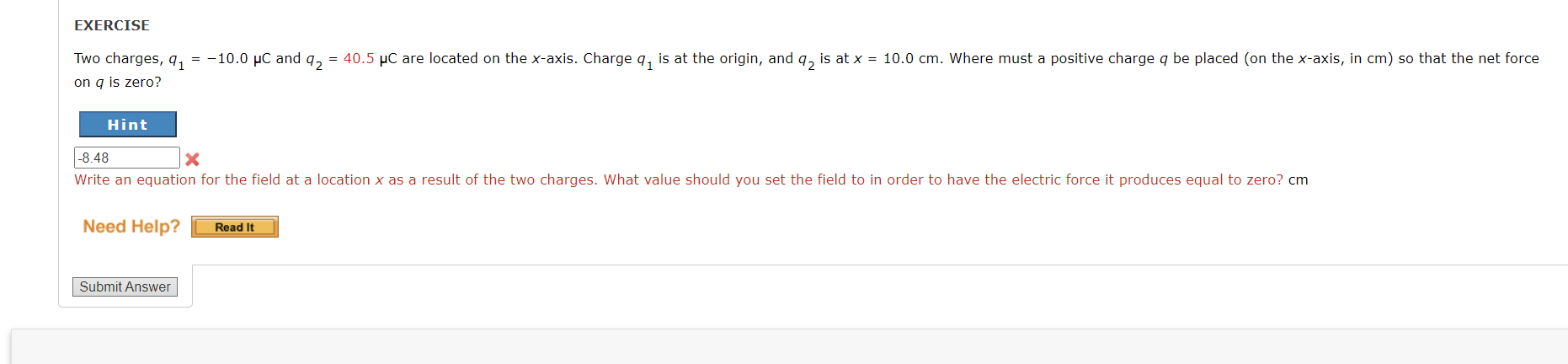 Solved Two charges, q1 = −10.0 µC and q2 = 40.5 µC are | Chegg.com