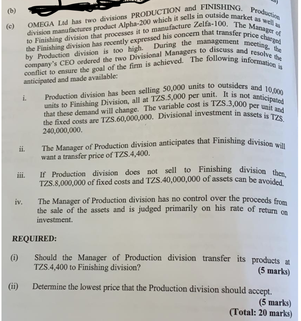 Solved NG. Production OMEGA Ltd has two divisions PRODUCTION | Chegg.com