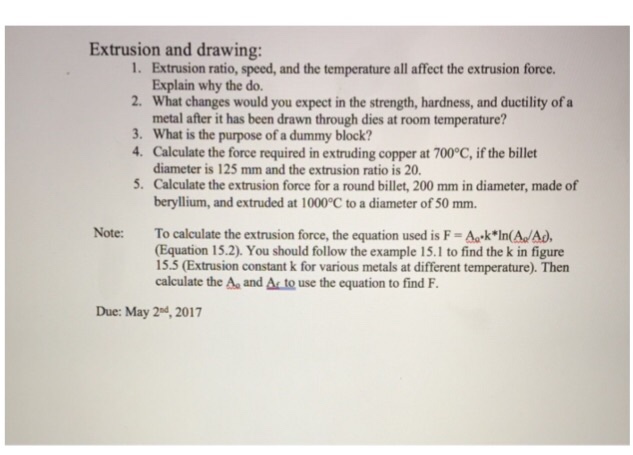 Solved Extrusion ratio, speed, and the temperature all | Chegg.com
