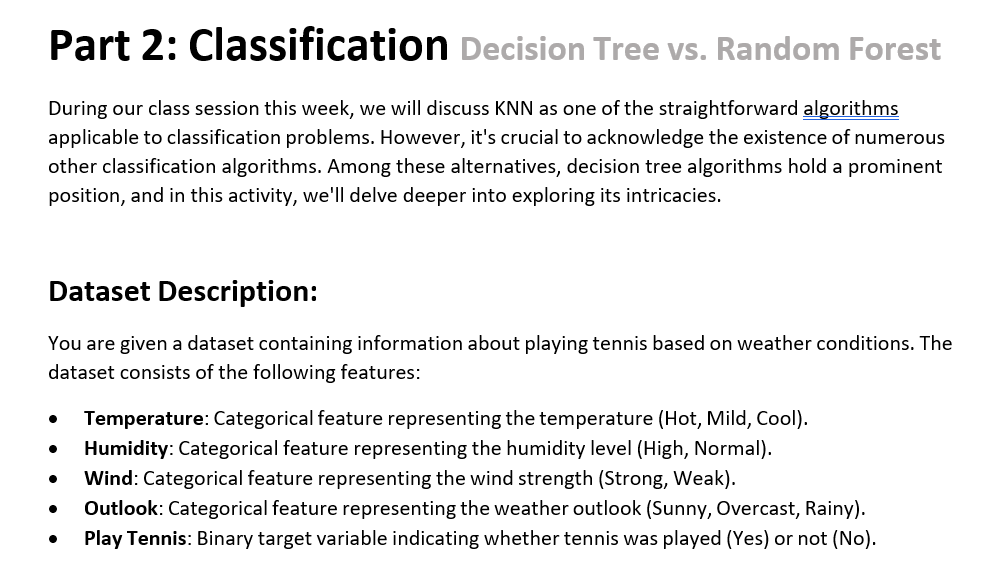 Solved Part 2: ClassificationDecision Tree vs. ﻿Random | Chegg.com