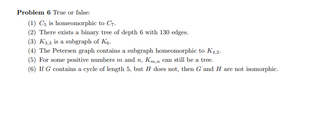 Solved Problem 6 True or false: (1) C5 is homeomorphic to | Chegg.com