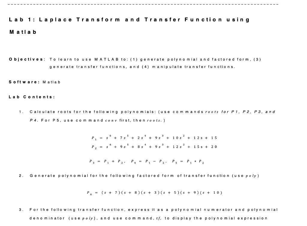 Solved Lab 1: Laplace Transform and Transfer Function using | Chegg.com