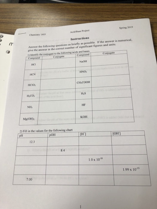 Solved Spring 2019 Acid/Base Project Chemistry 1405 | Chegg.com