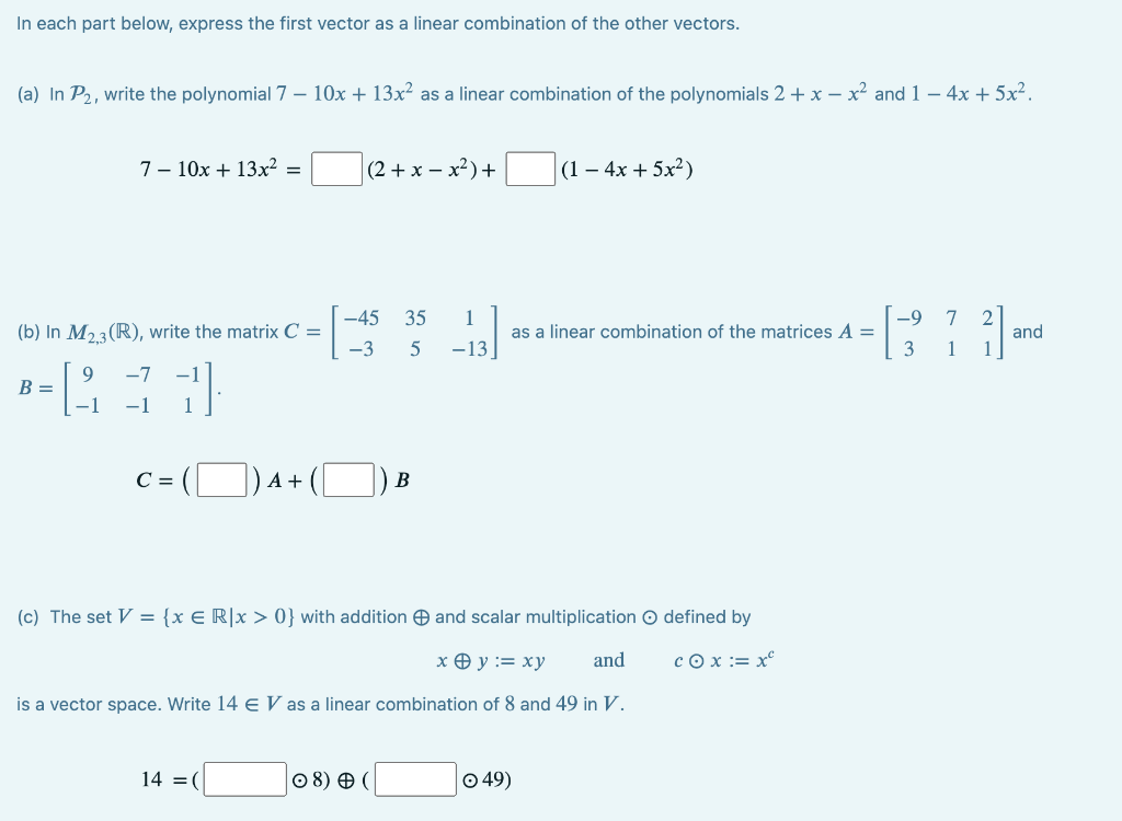 Solved In each part below, express the first vector as a | Chegg.com