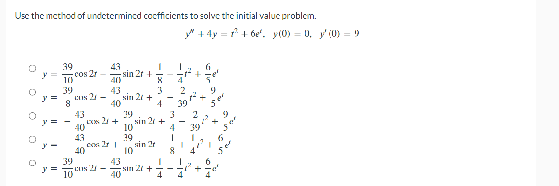 Solved Use the method of undetermined coefficients to solve | Chegg.com