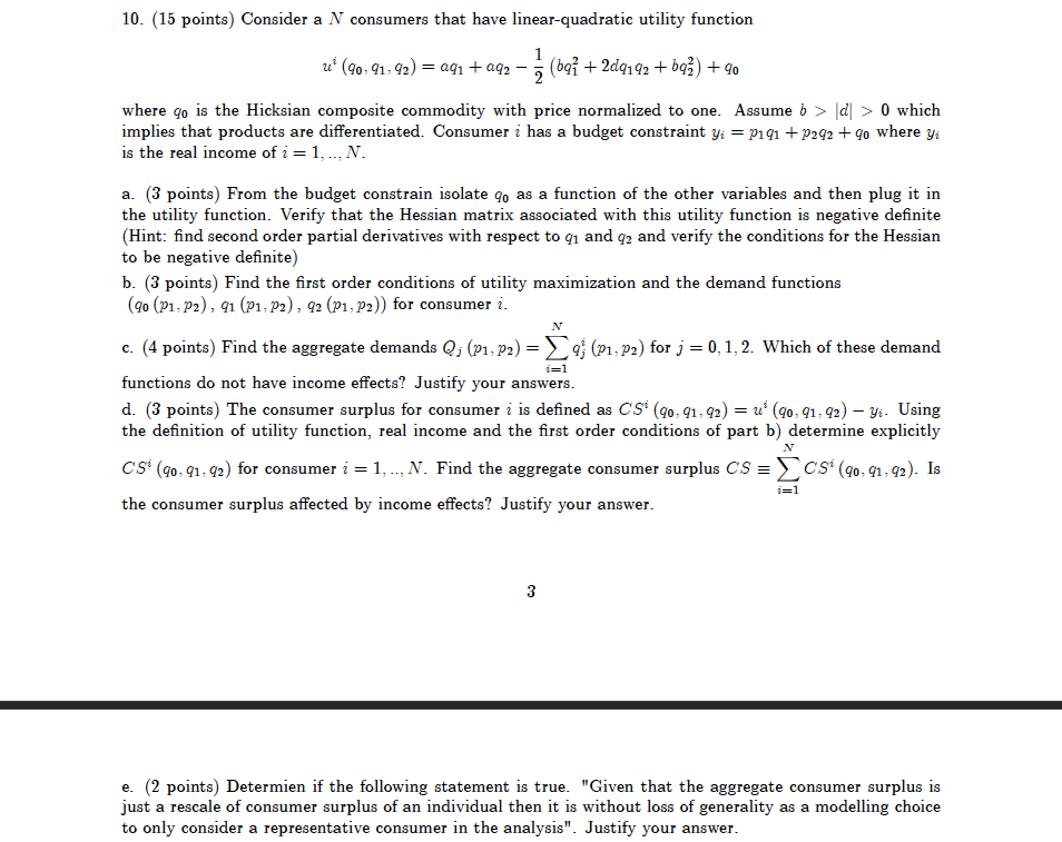 Solved 10. (15 points) Consider a N consumers that have | Chegg.com