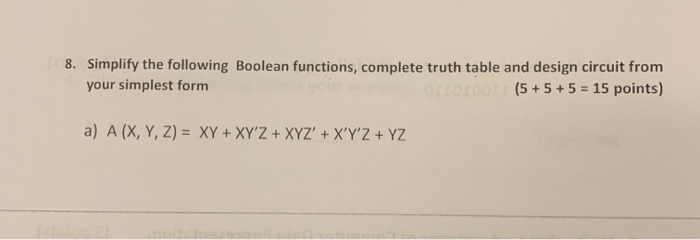 Solved 8. Simplify the following Boolean functions, complete | Chegg.com