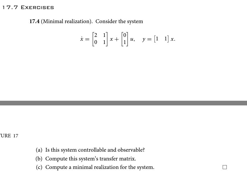 Solved 17.7 EXERCISES 17.4 (Minimal realization). Consider | Chegg.com