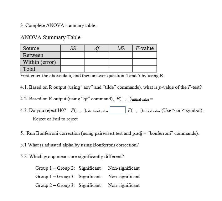 3. Complete ANOVA summary table. ANOVA Summary Table | Chegg.com