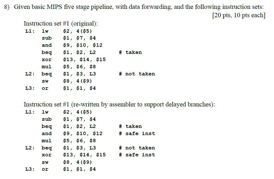 8) Given basic MIPS five stage pipeline, with data | Chegg.com