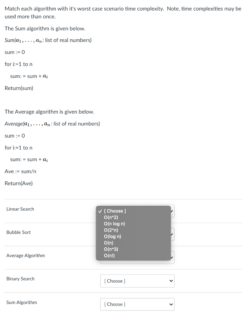 Solved Match each algorithm with it's worst case scenario | Chegg.com