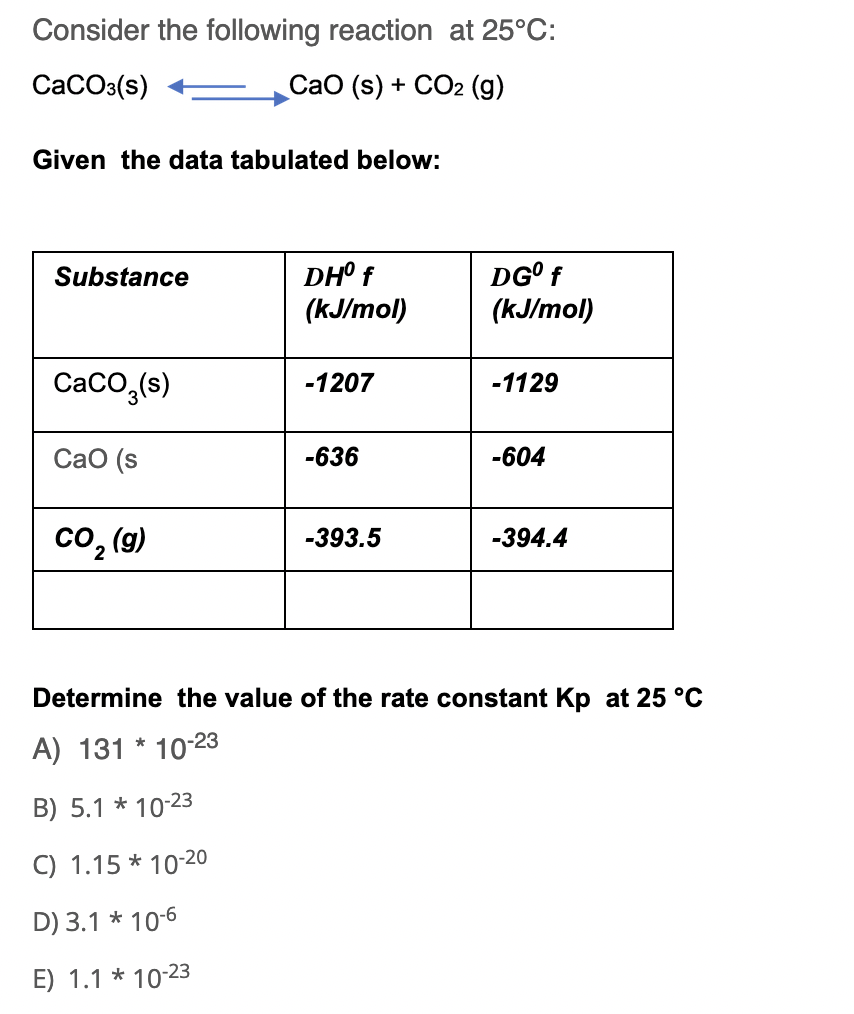 Solved Consider the following reaction at 25°C: CaCO3(s) CaO | Chegg.com