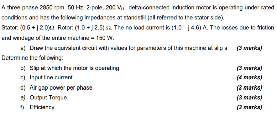 Solved A three phase 2850rpm,50 Hz, 2-pole, 200 VLL, | Chegg.com