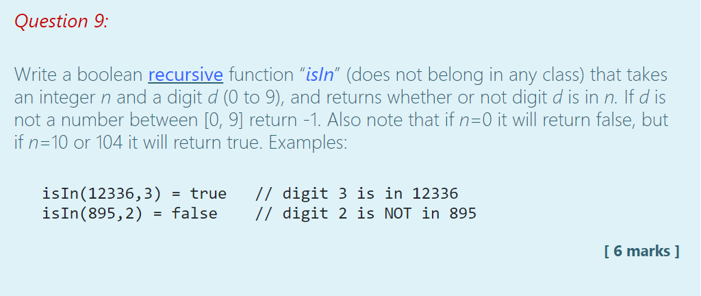 Solved Question 9: Write a boolean recursive function "isln" | Chegg.com
