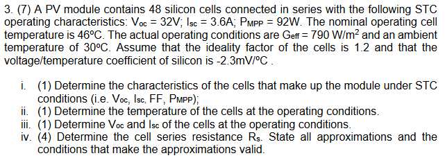 Solved 3. (7) A PV module contains 48 silicon cells | Chegg.com