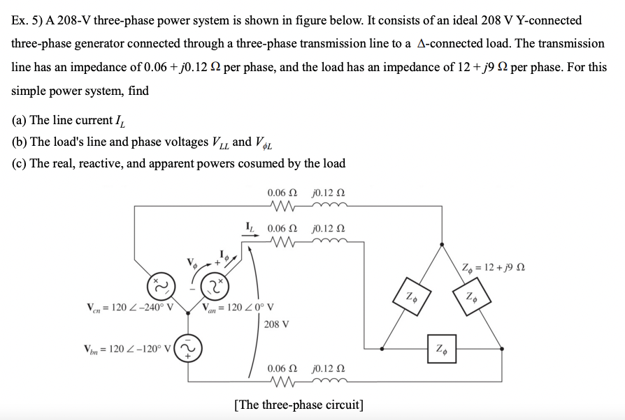Solved Ex. 5) A 208-V three-phase power system is shown in | Chegg.com