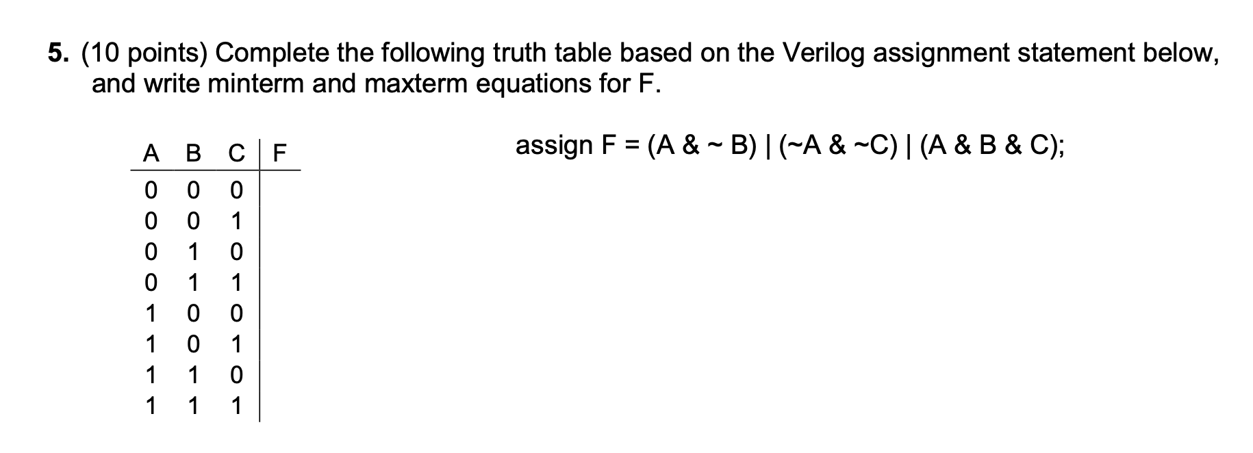 Solved 5. (10 points) Complete the following truth table | Chegg.com