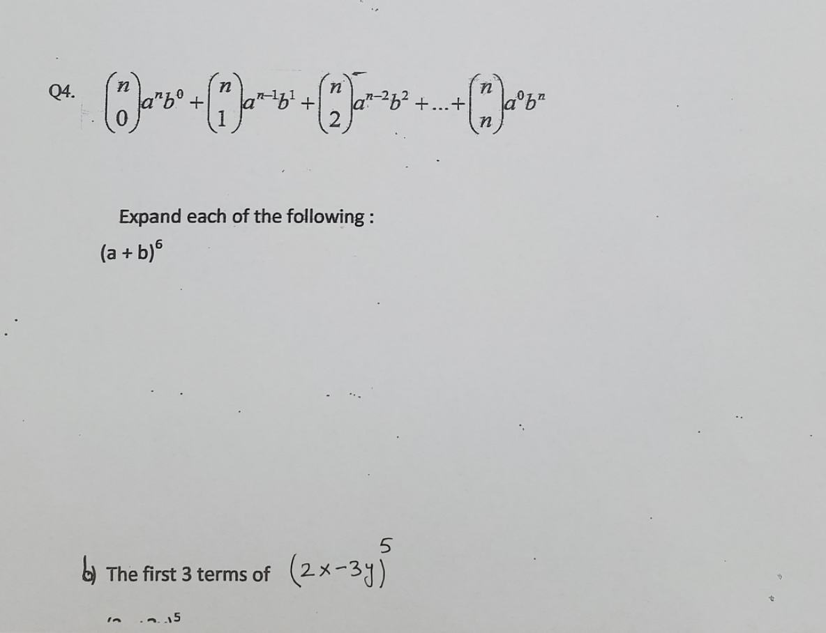 Solved Q4. (n0)anb0+(n1)an−1b1+(n2)−an−2b2+…+(nn)a0bn Expand | Chegg.com