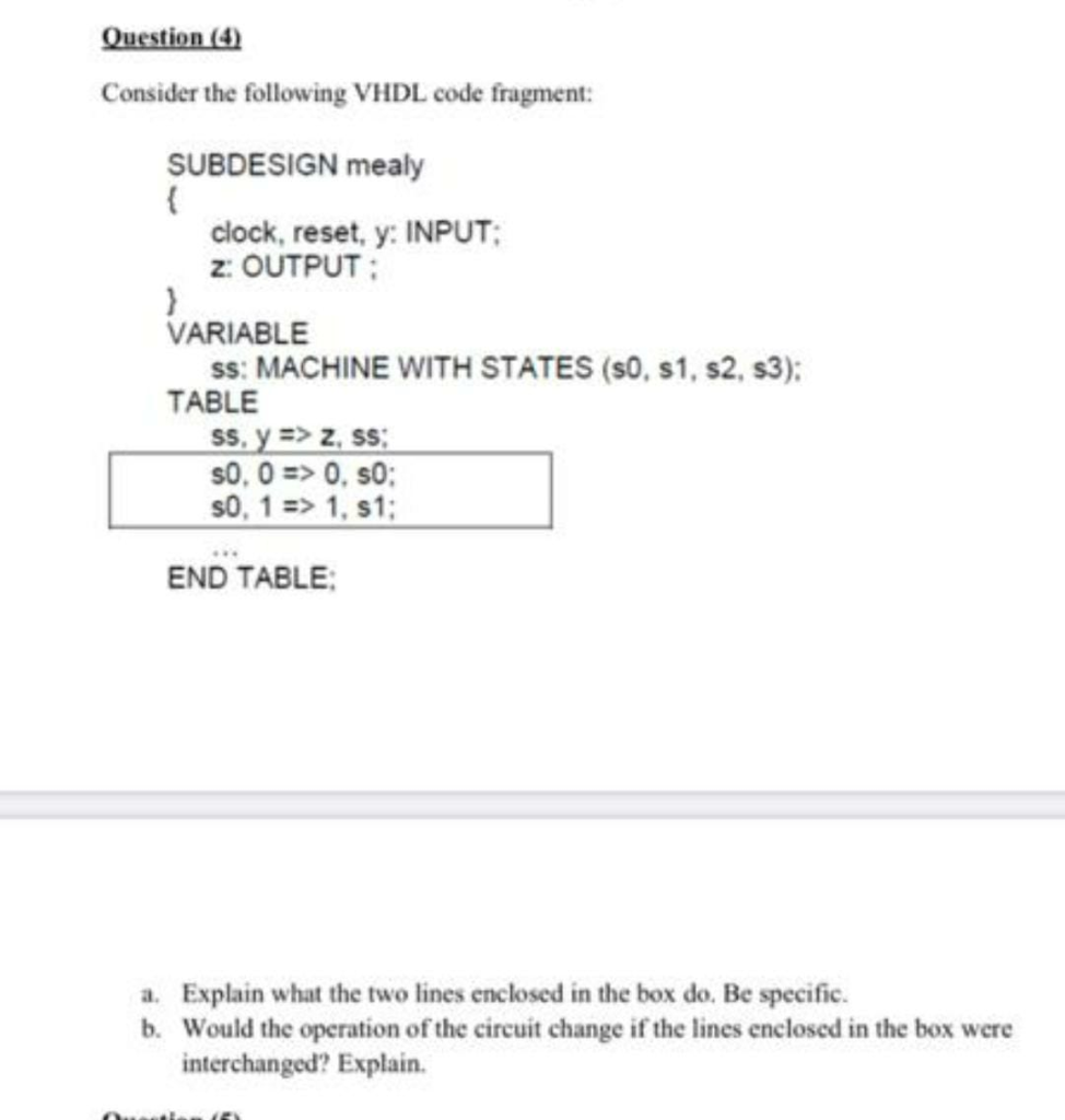 Solved Question 4) SUBDESIGN mealy clock, reset, y: INPUT: | Chegg.com