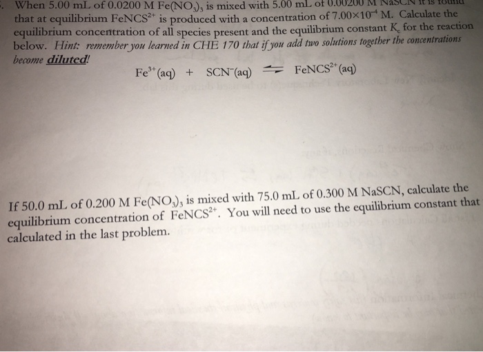 Solved When 5.00 mL of 0.200 M Fe(NO_3)_3 is mixed with 5.00 | Chegg.com