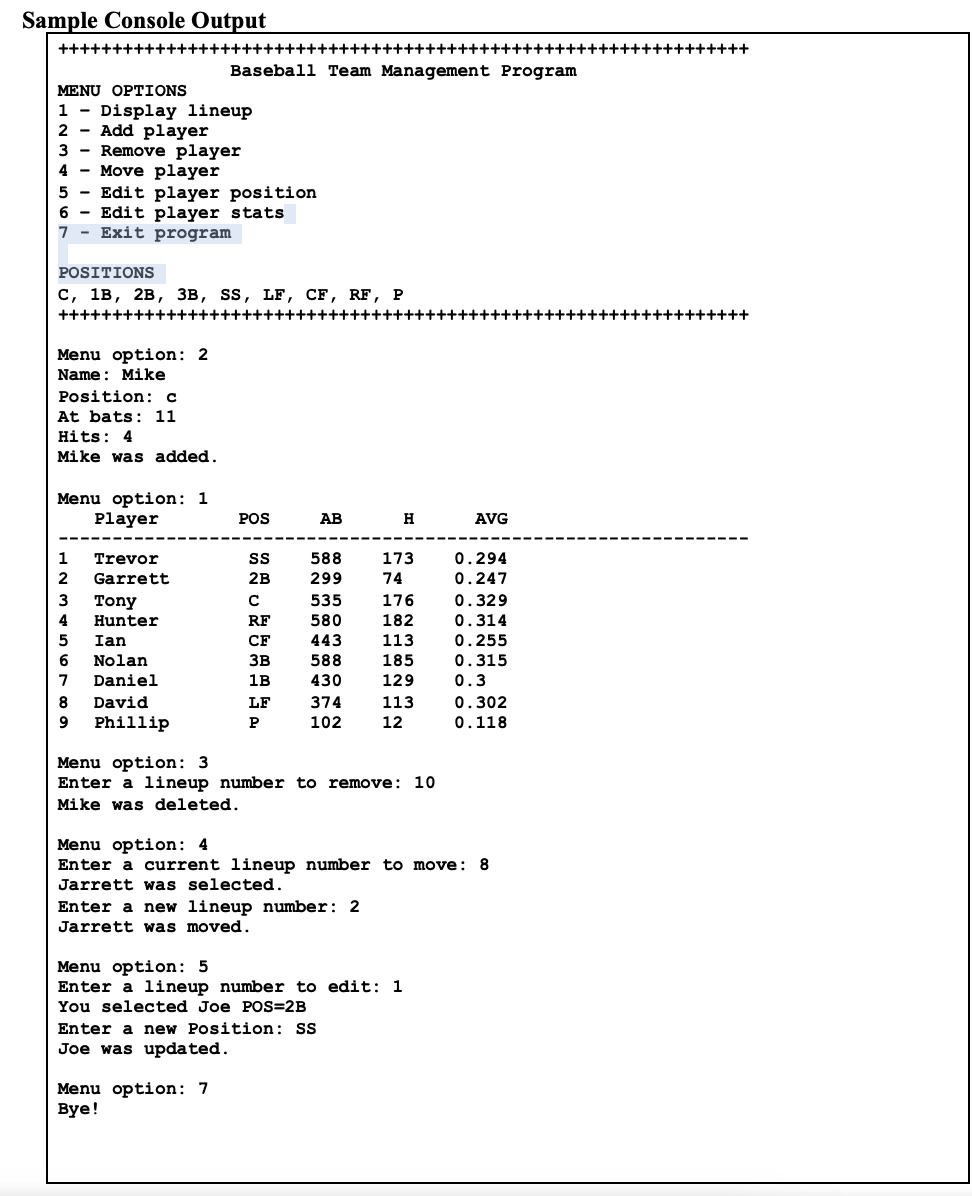 Solved A project to manage a baseball | Chegg.com