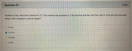 Solved Question 21 1 pts Smathers Corp, stock has a beta of | Chegg.com Solved Question 21 1 pts Smathers Corp, stock has a beta of | Chegg.com