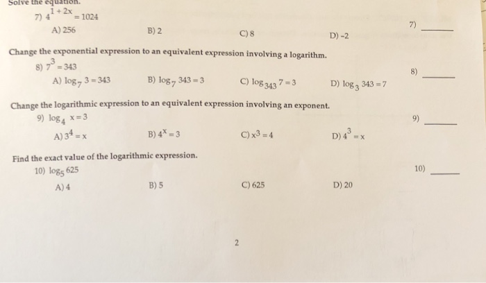 Solved FUNCTIONS EXPONENTIAL AND LOGARTMİC MULTIPLE CHOICE | Chegg.com