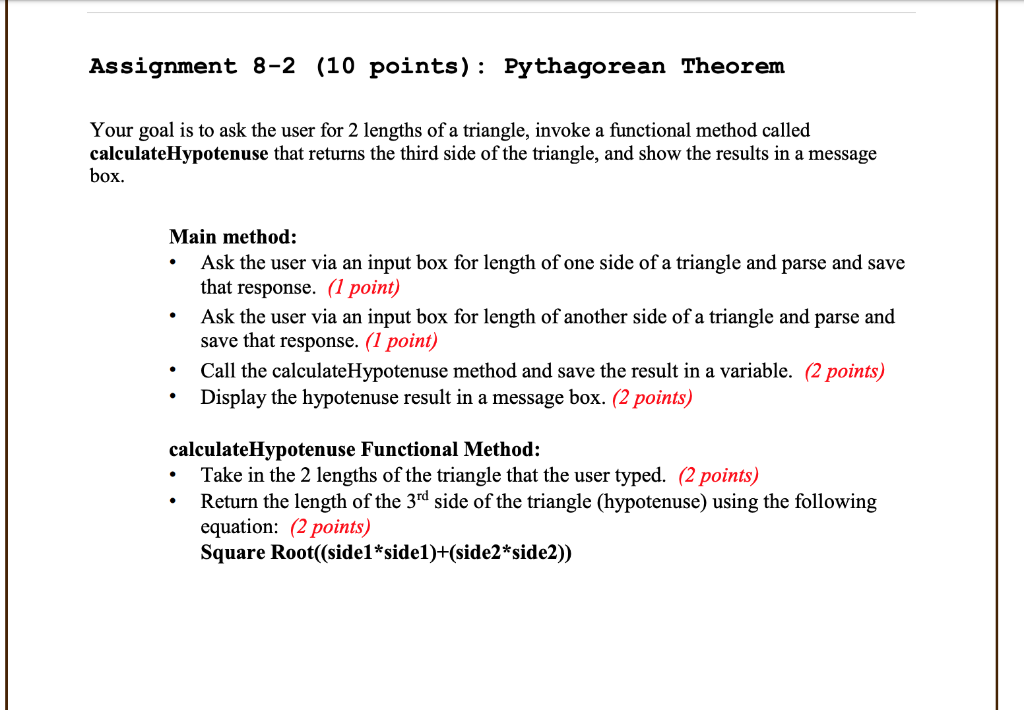 Solved Assignment 8-2 (10 points): Pythagorean Theorem Your | Chegg.com