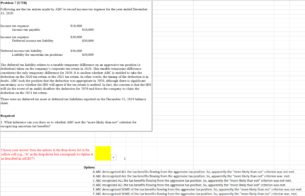 Solved Problem 7 UTBI Following are the tax entries made by | Chegg.com