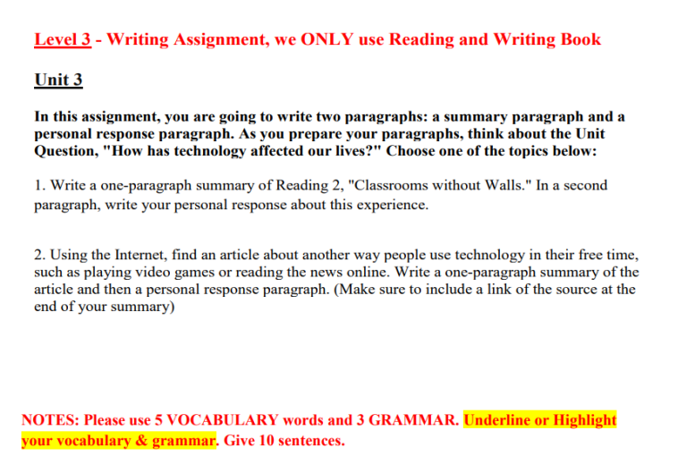 Level 3 - Writing Assignment, we ONLY use Reading and | Chegg.com