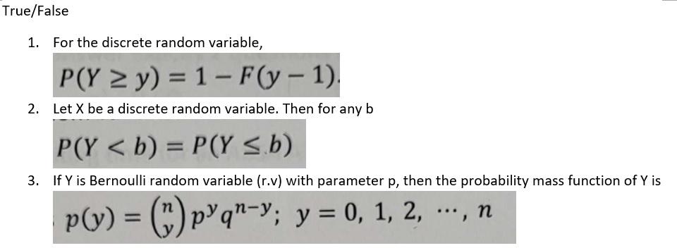 Solved For the discrete random variable, P(Y≥y)=1−F(y−1) 2. | Chegg.com