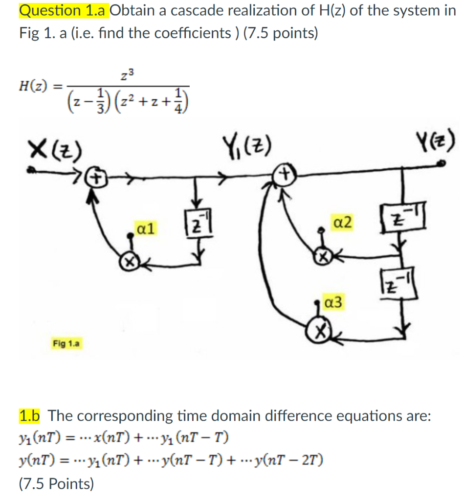 Solved Question 1.a Obtain a cascade realization of H(z) of | Chegg.com