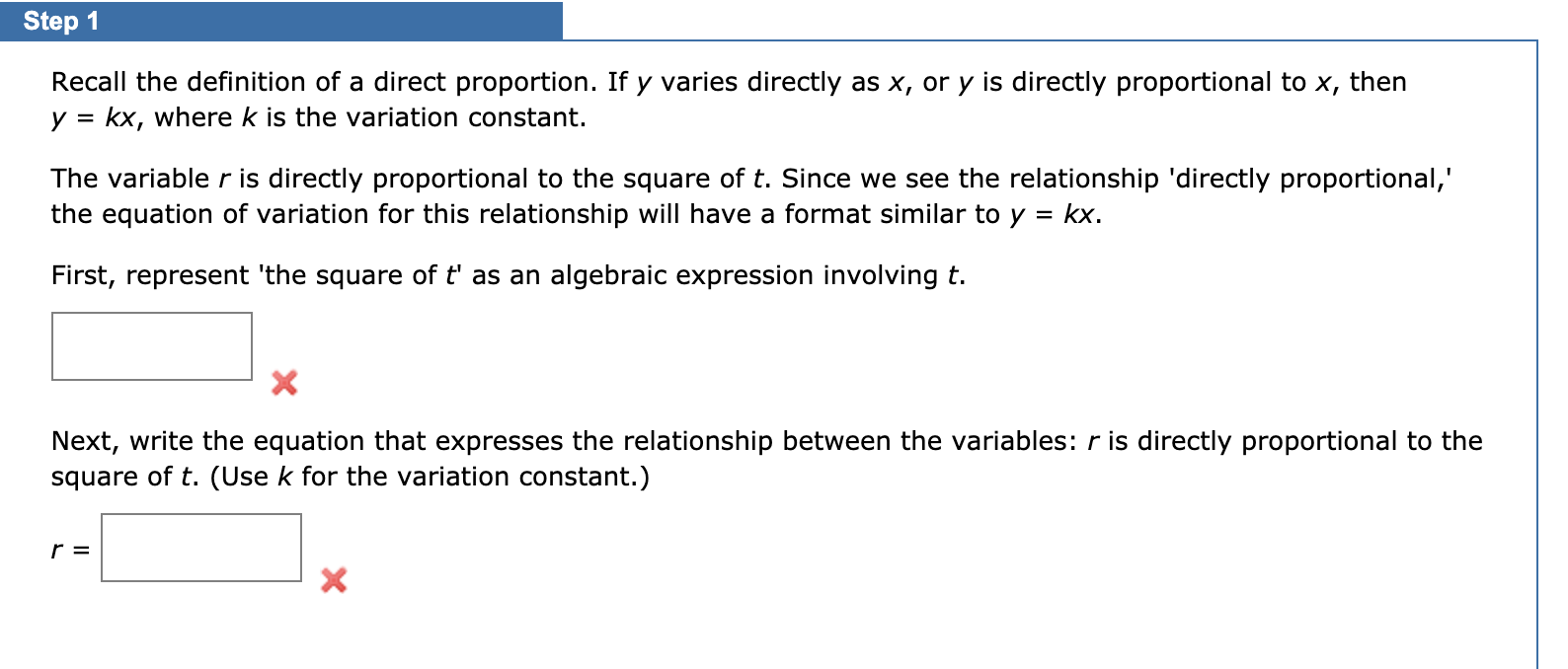 Solved Step 1 Recall the definition of a direct proportion. | Chegg.com