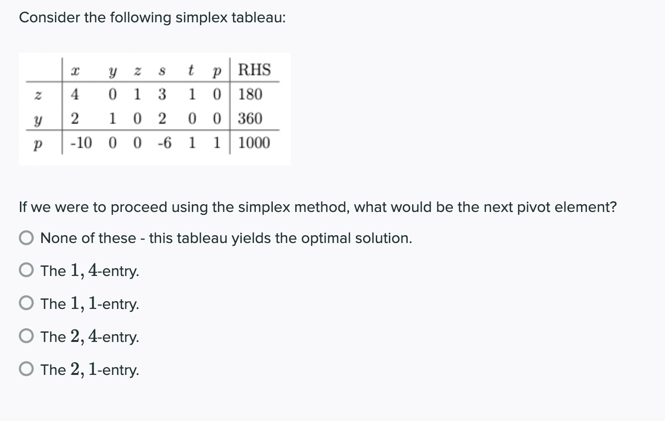 Solved Consider the following simplex tableau: If we were to | Chegg.com Solved Consider the following simplex tableau: If we were to | Chegg.com