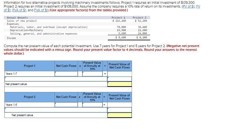 Solved Information for two alternative projects involving | Chegg.com