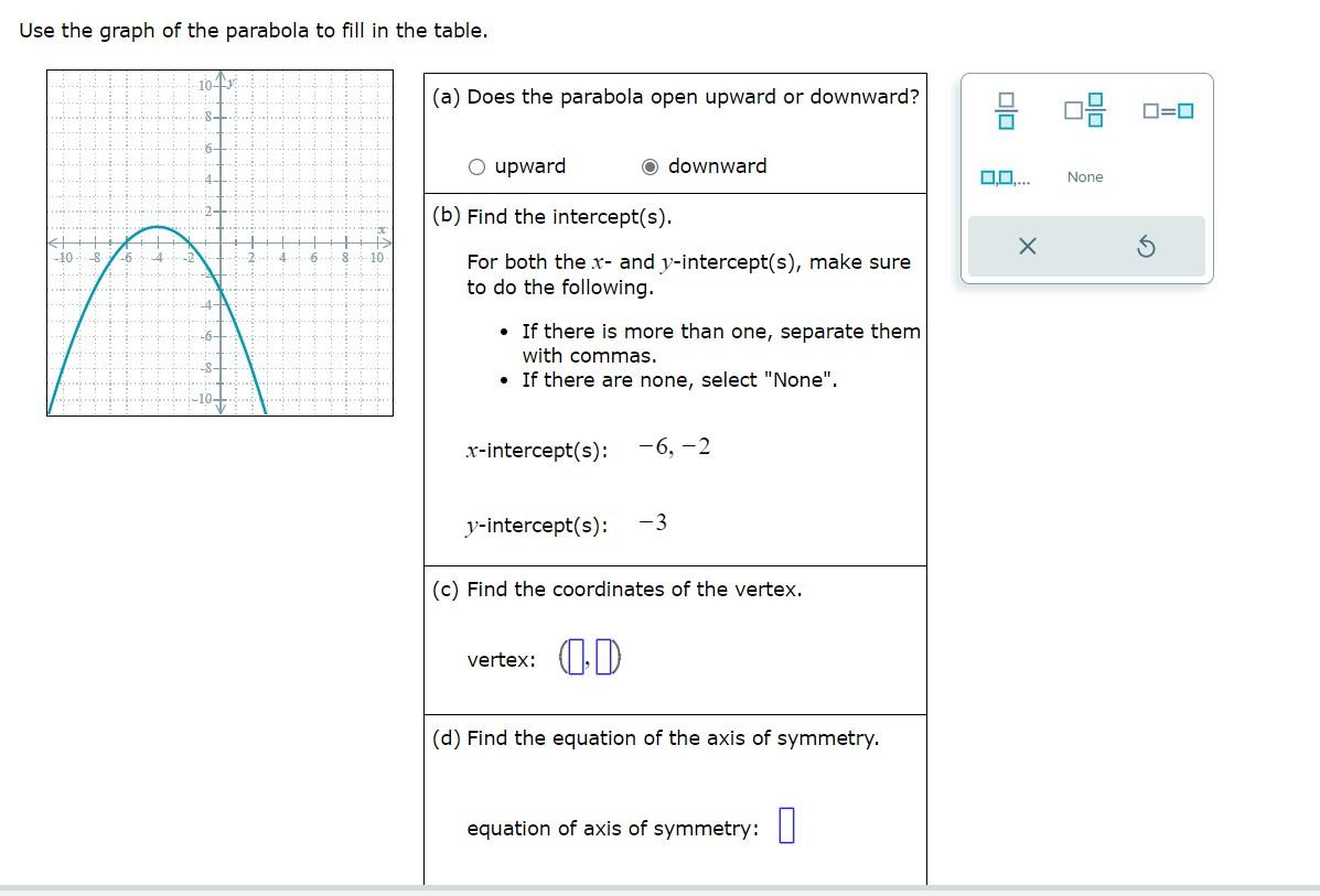 Solved Use the graph of the parabola to fill in the table. | Chegg.com