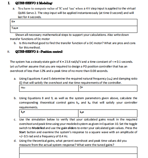 I. a. QUBE-SERVO 2 Modeling: You have to compute | Chegg.com