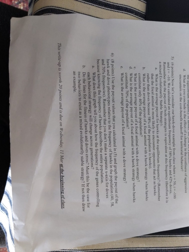 Biology of Behavior 428/528 Game theory worksheet | Chegg.com