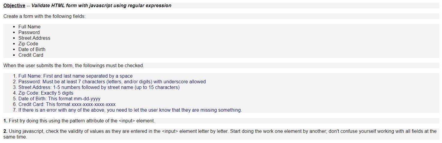 Solved Objective -- Validate HTML form with javascript using | Chegg.com