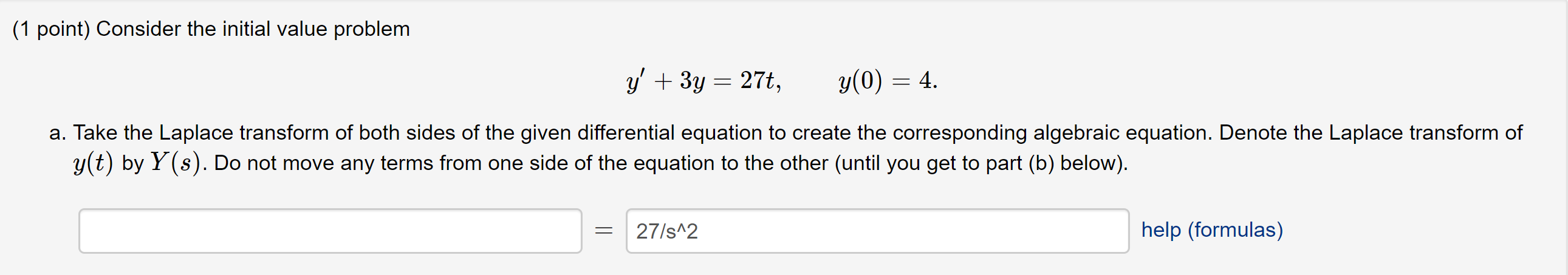 Solved (1 point) Consider the initial value problem y' + 3y | Chegg.com