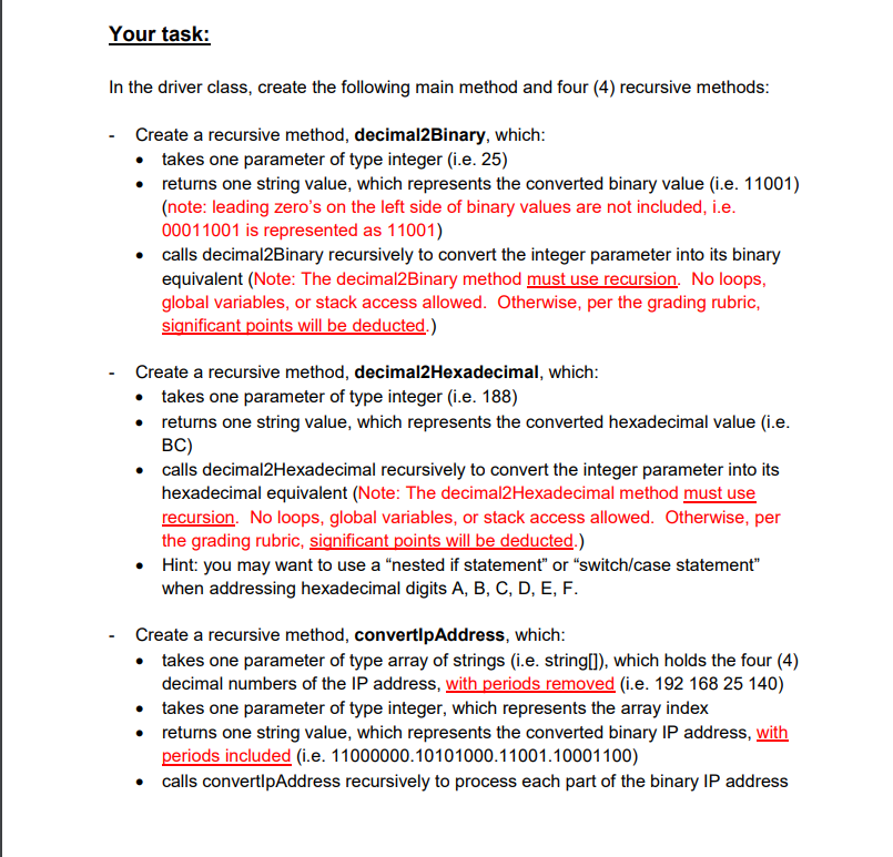 Solved Your task: In the driver class, create the following | Chegg.com