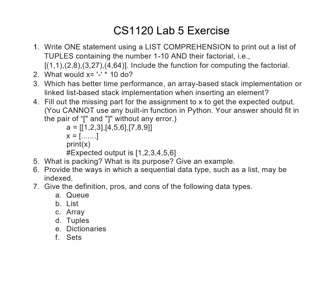 Solved 1. Write ONE statement using a LIST COMPREHENSION to | Chegg.com