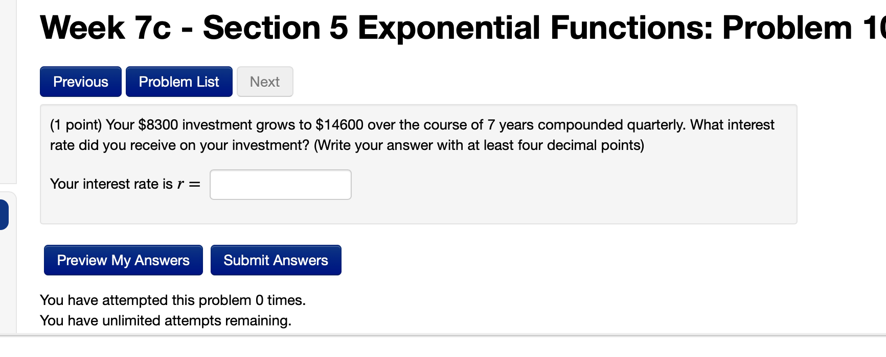 Solved Week 7c - Section 5 Exponential Functions: Problem 10 | Chegg.com
