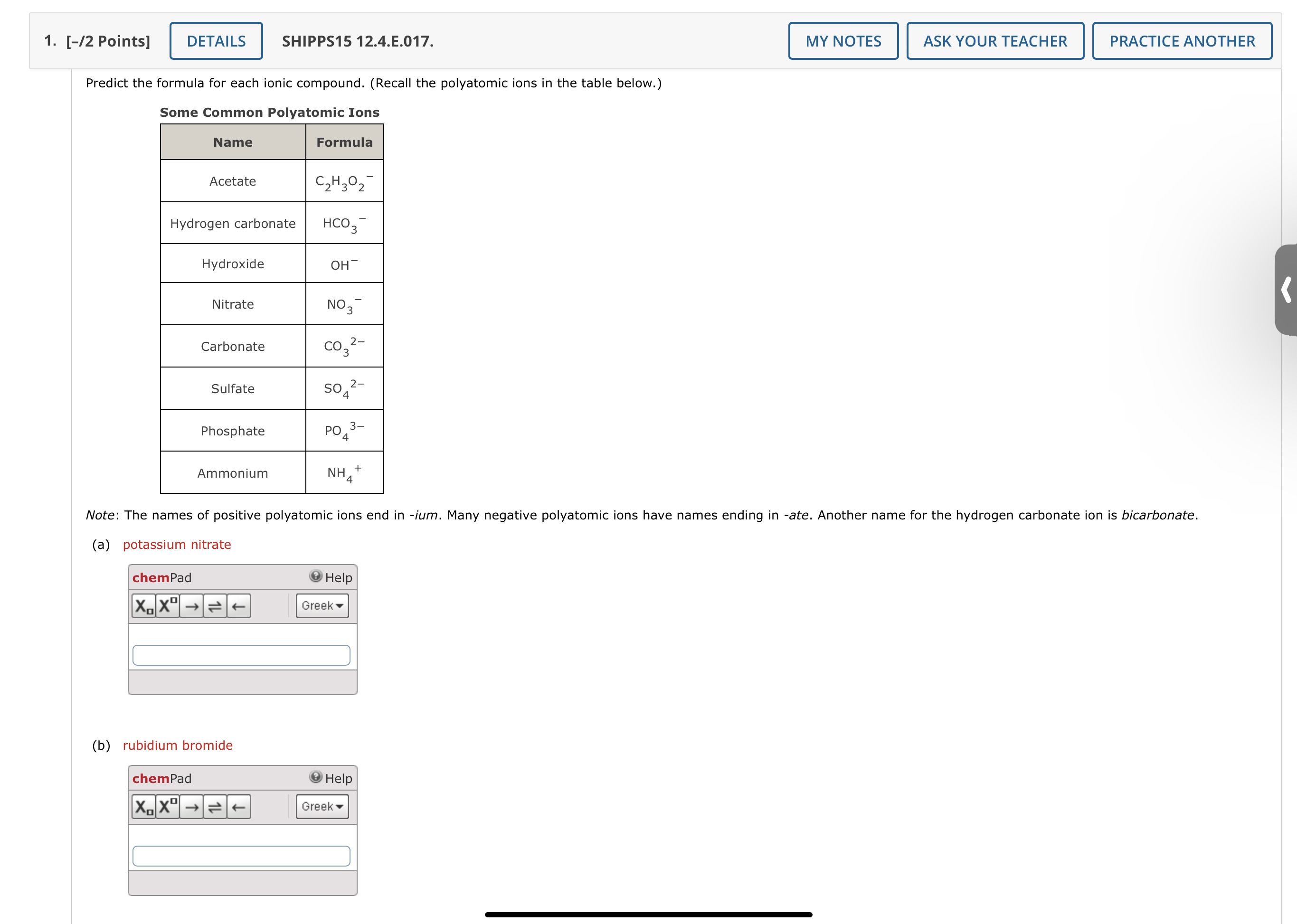 Solved −/2 Points] SHIPPS15 12.4.E.017. Predict the formula | Chegg.com