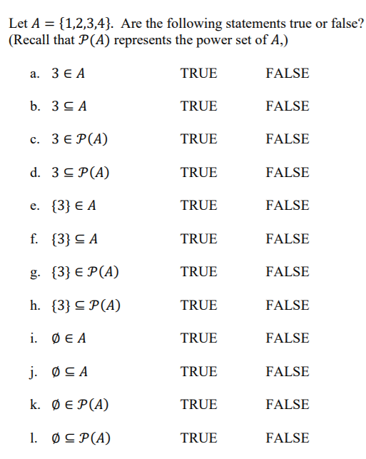 Solved Let A = {1,2,3,4}. Are the following statements true | Chegg.com